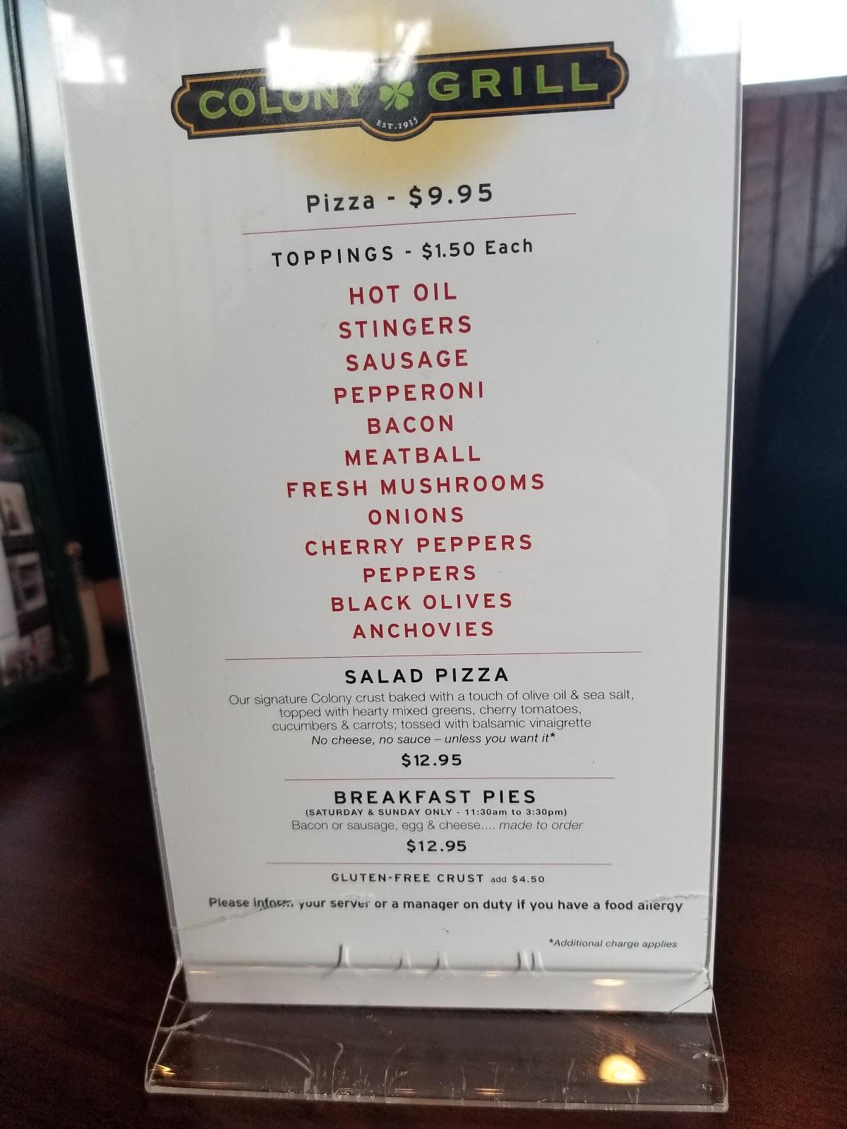 Menu at Colony Grill pizzeria, Port Chester