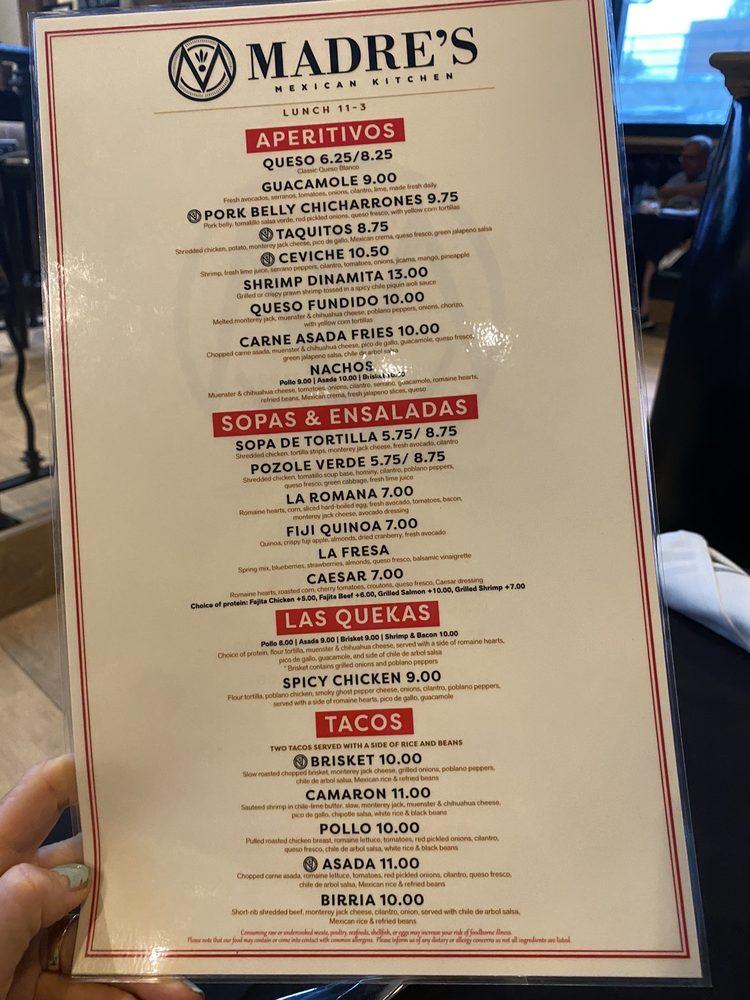 Menu at Madre's Mexican Kitchen restaurant, Tulsa
