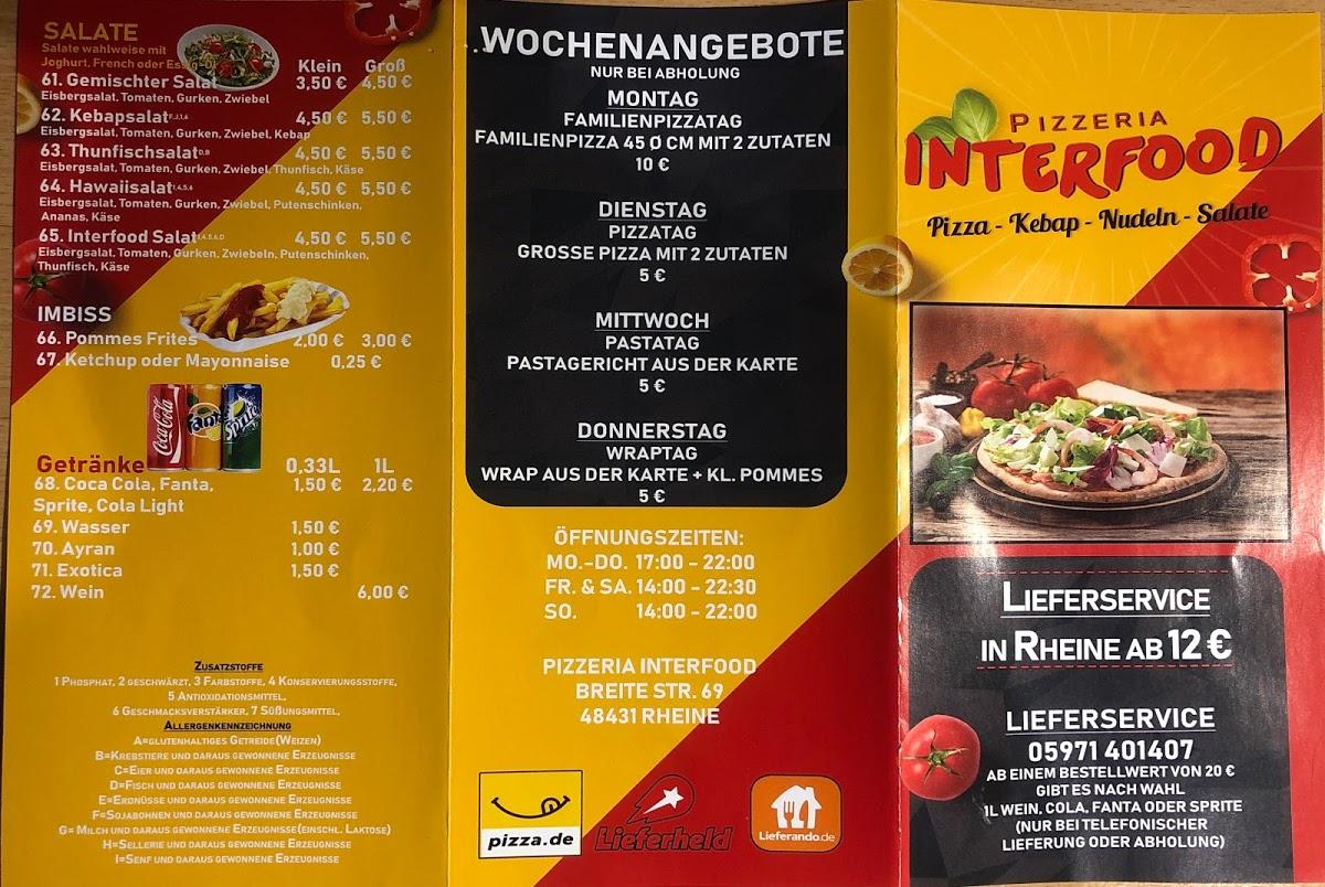 Speisekarte von Pizzeria Interfood, Rheine, Breite Str. 69
