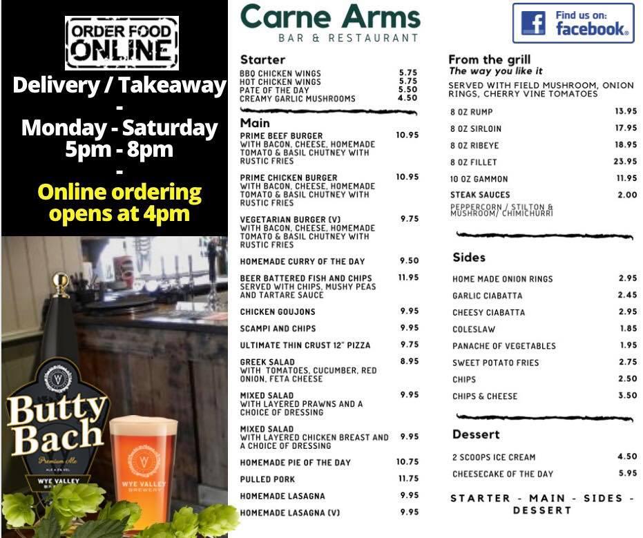 Menu at The Carne Arms pub & bar, Cowbridge, Llysworney