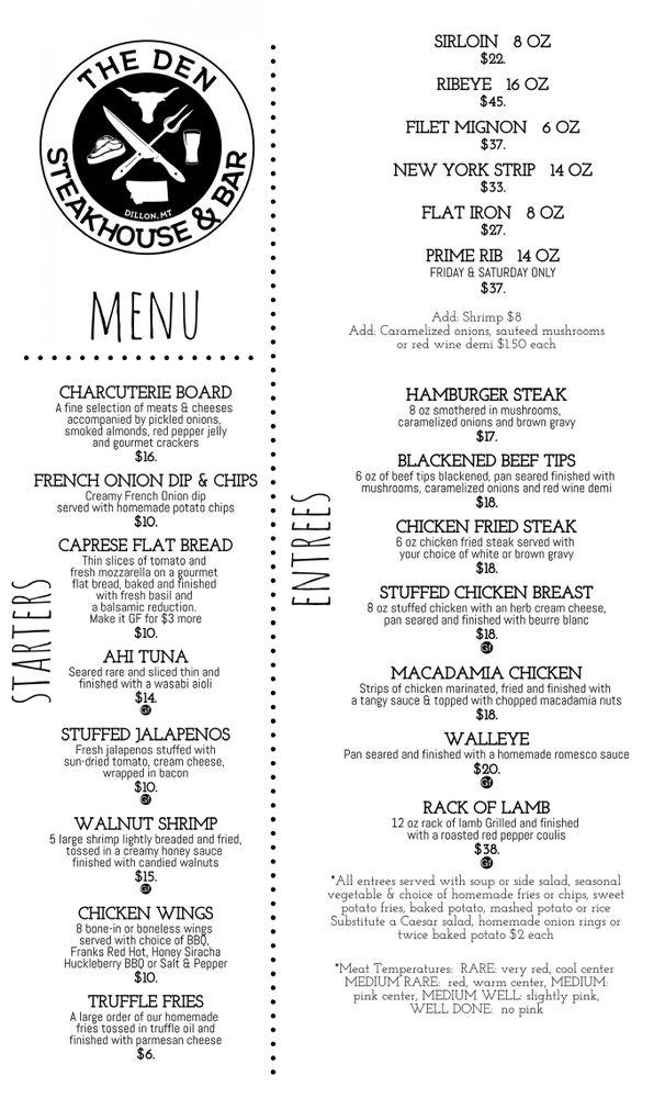 Menu at The Den steakhouse, Dillon