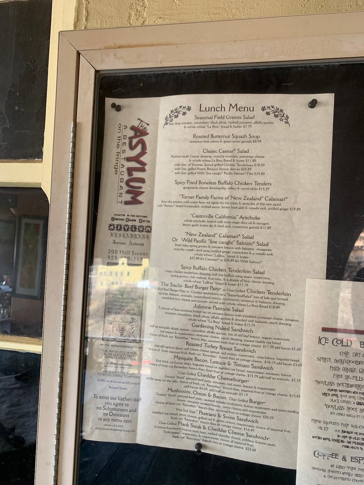 Menu at Asylum Restaurant, Jerome