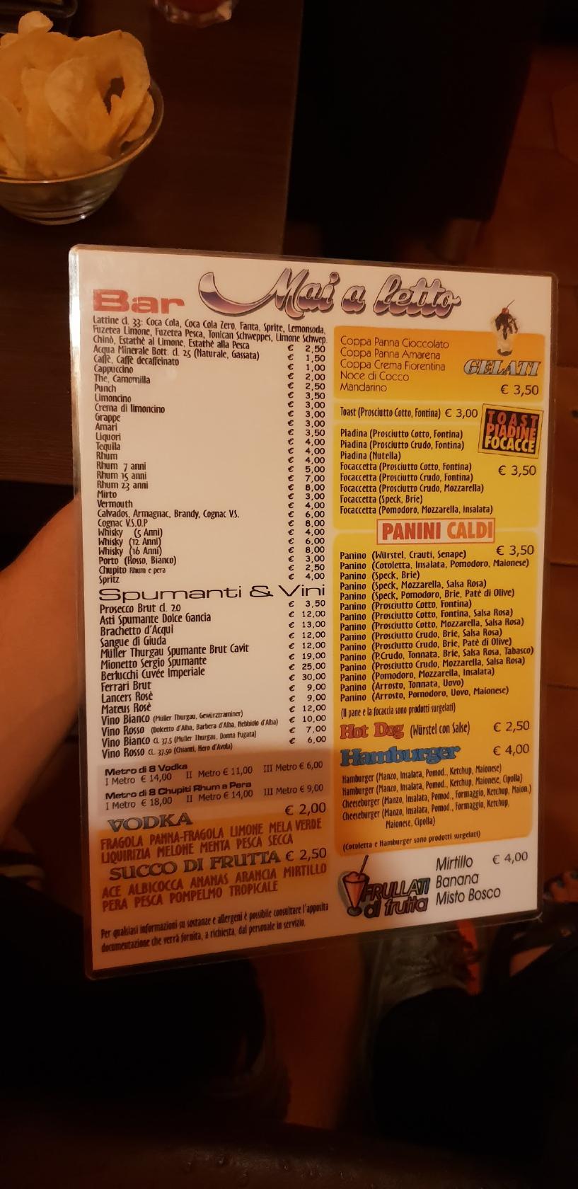 Menu da Mai a letto pub & bar, Loano