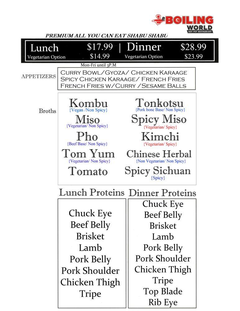 Menu at Boiling World restaurant, Ontario