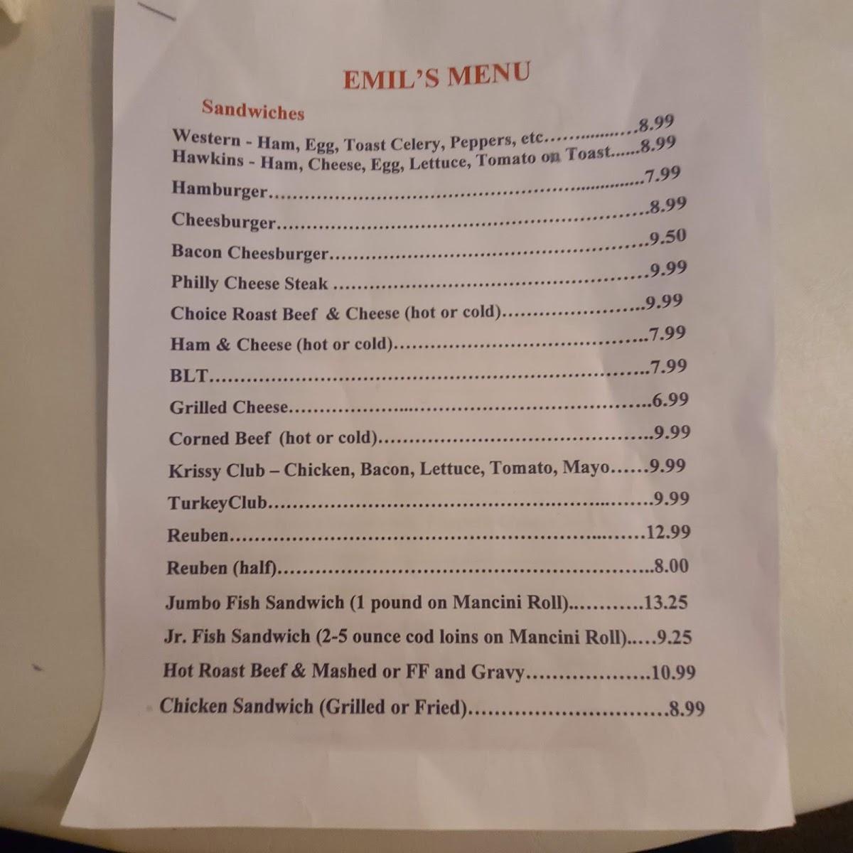 Menu at Emil's Lounge restaurant, Rankin
