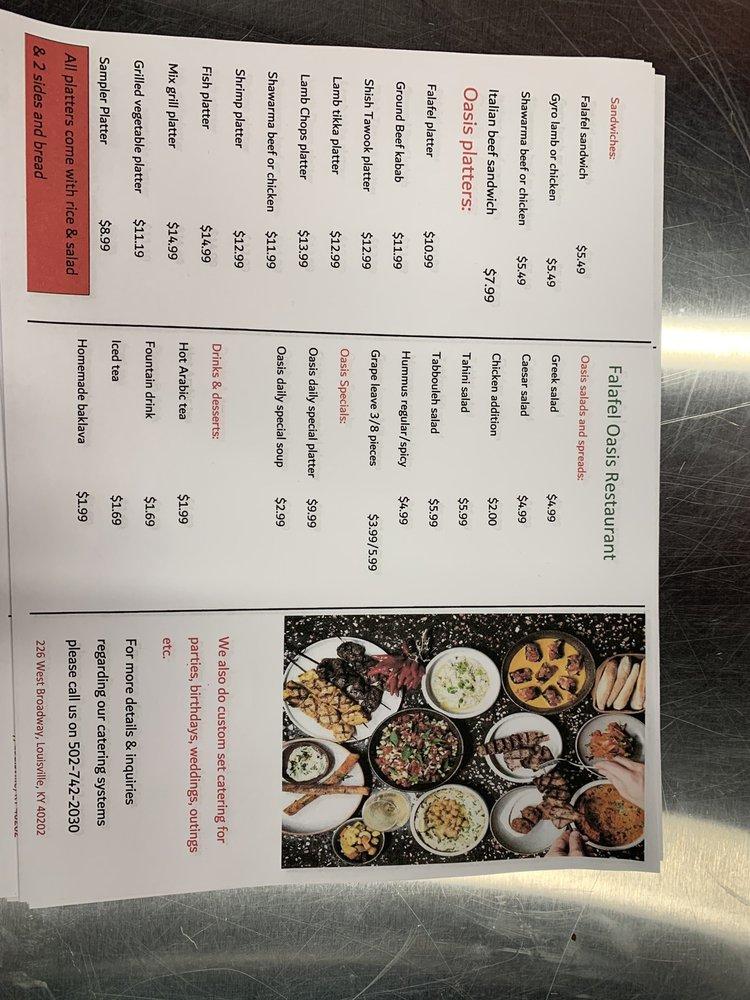 Menu at Falafel Oasis restaurant, Louisville, 226 W Broadway