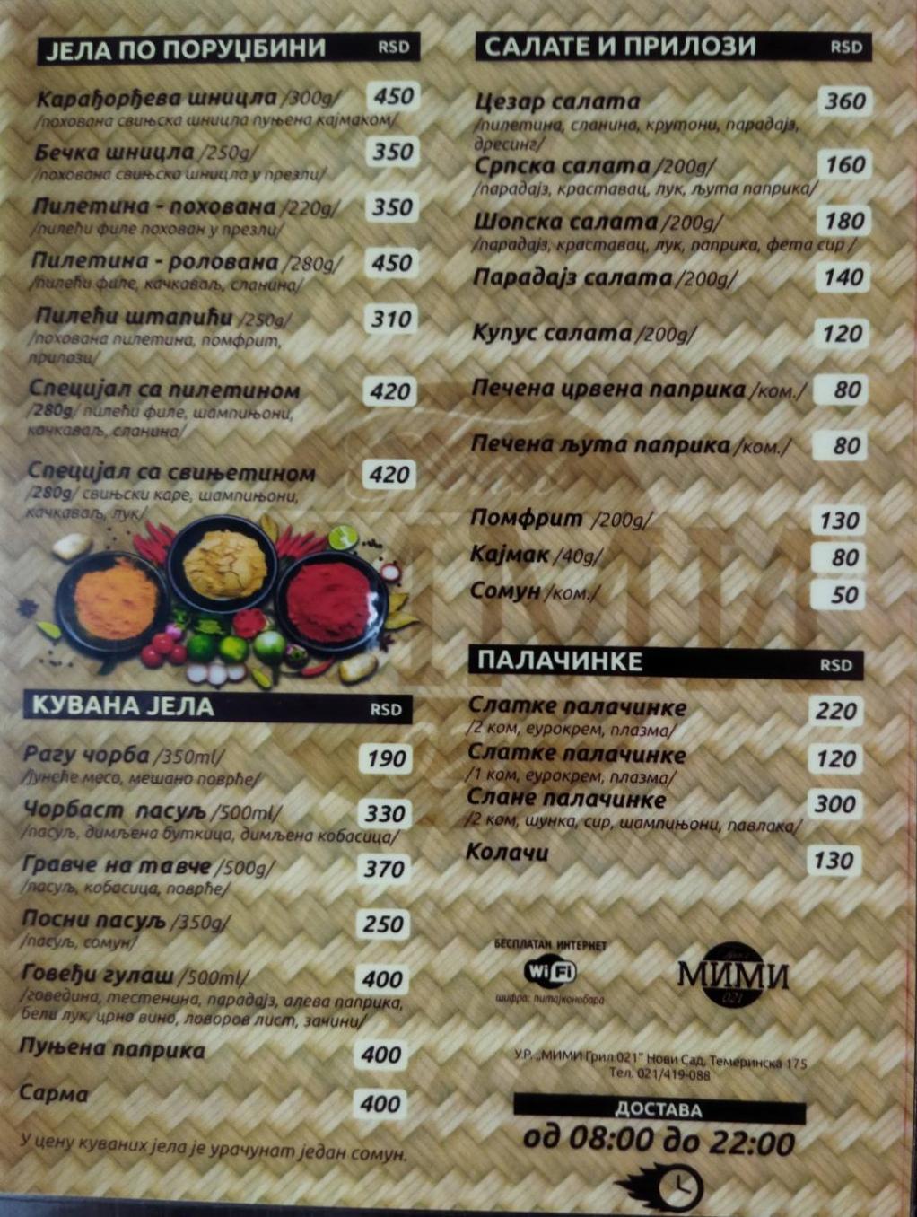 Speisekarte von Gril Mimi 021 pub & Bar, Novi Sad