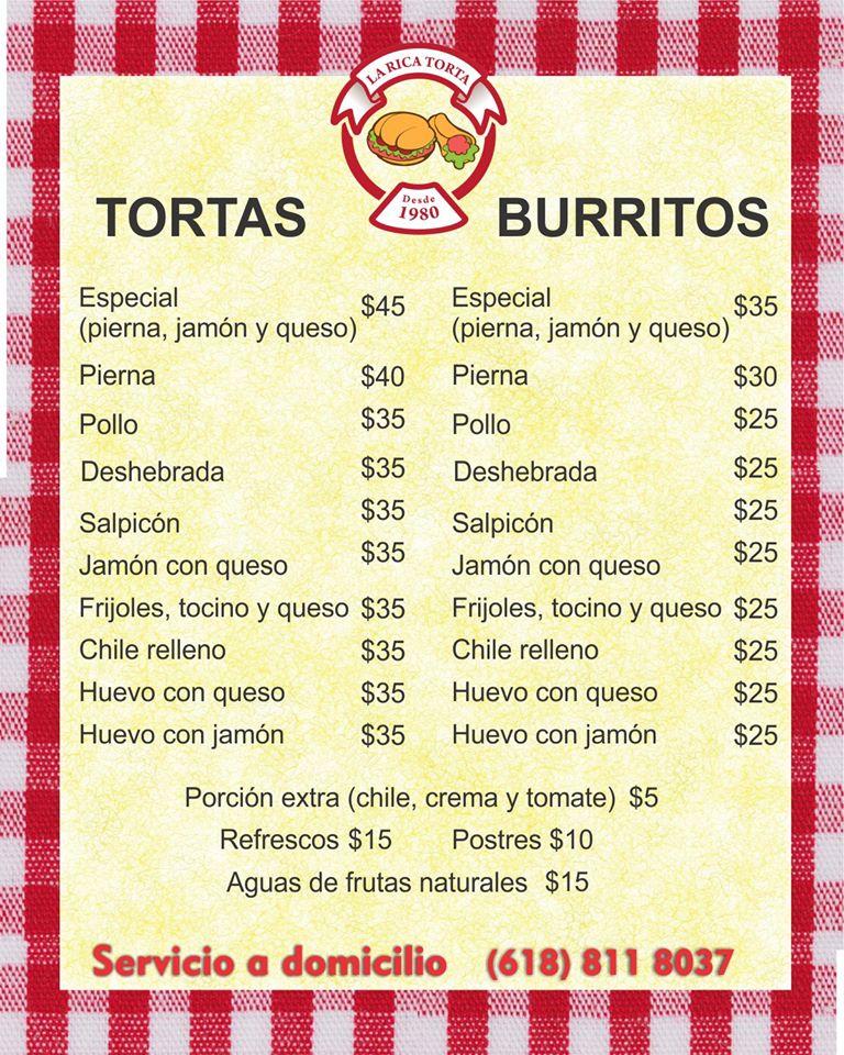 Carta del restaurante La Rica Torta, Durango, Laureano Roncal 303A