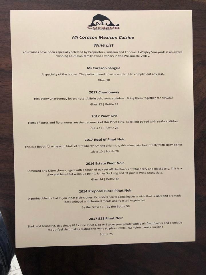 Menu at Mi Corazón Restaurant, Cannon Beach