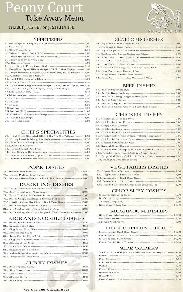 Menu at Peony Court | Chinese restaurant, Limerick