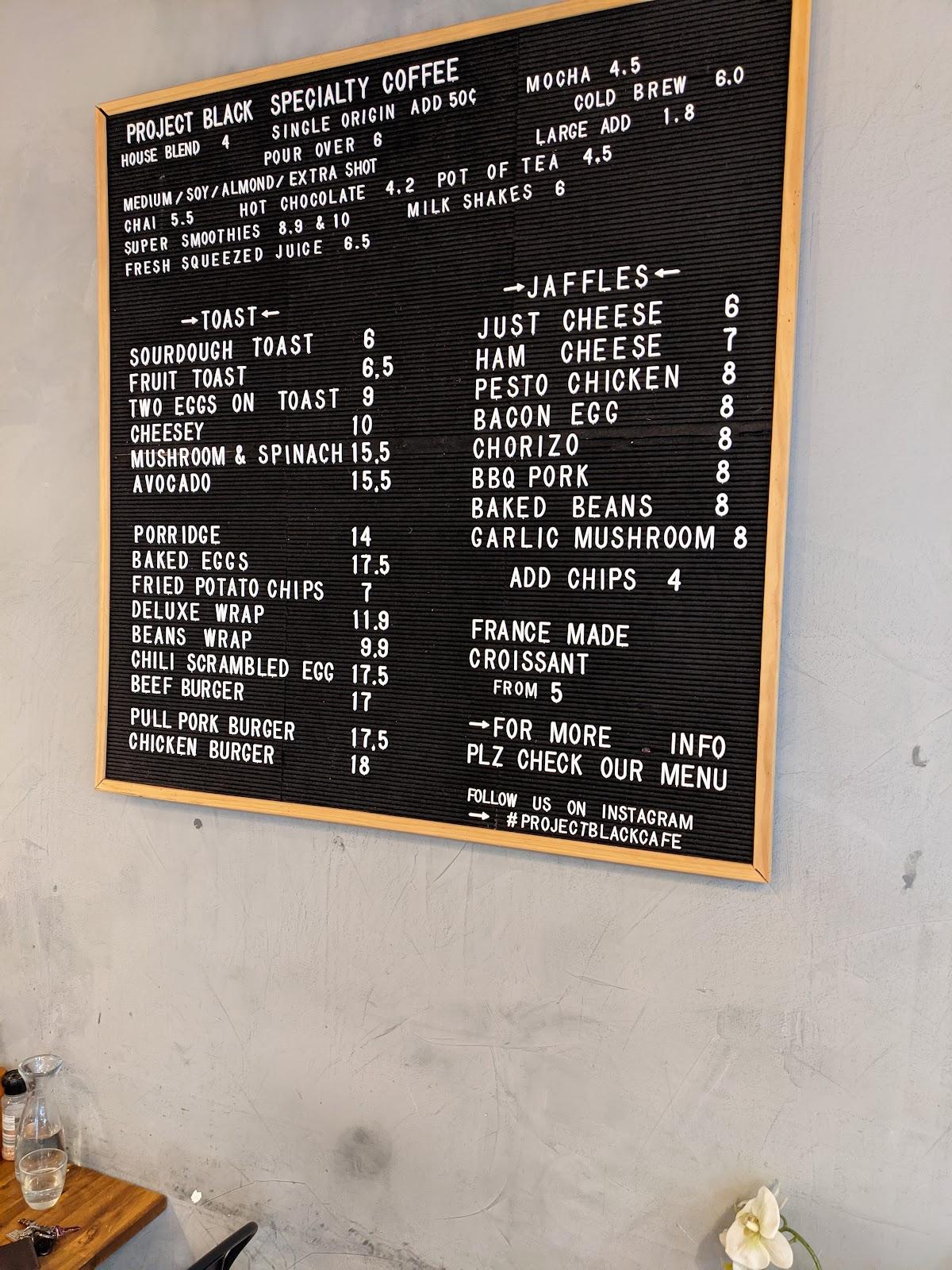Menu at Project Black Specialty Coffee cafe, Mitcham