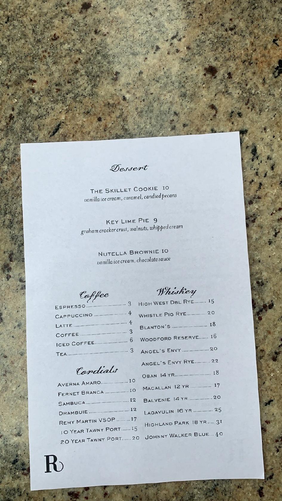 Menu at Remington's steakhouse, Chicago