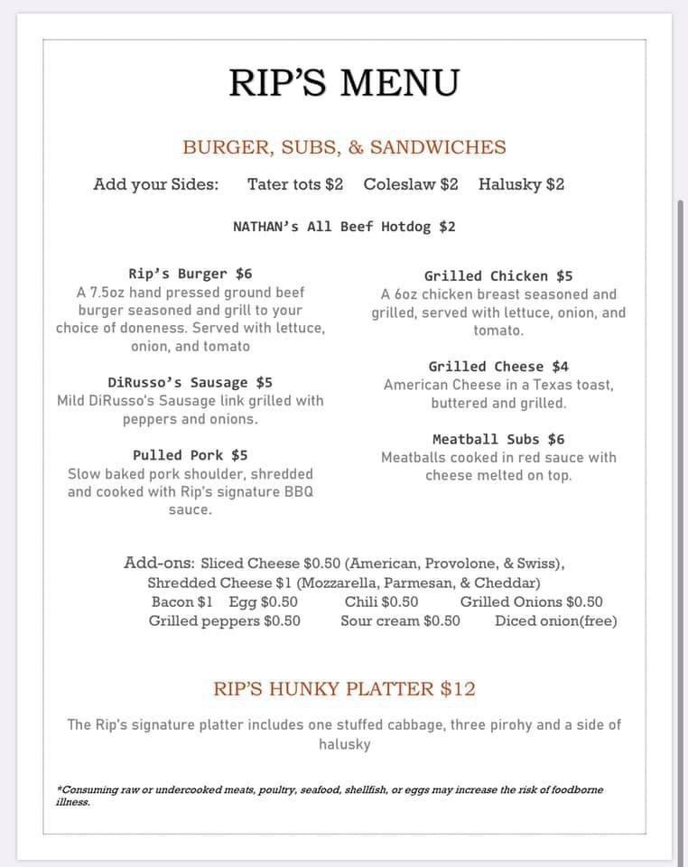 Menu at Rips Cafe, Struthers