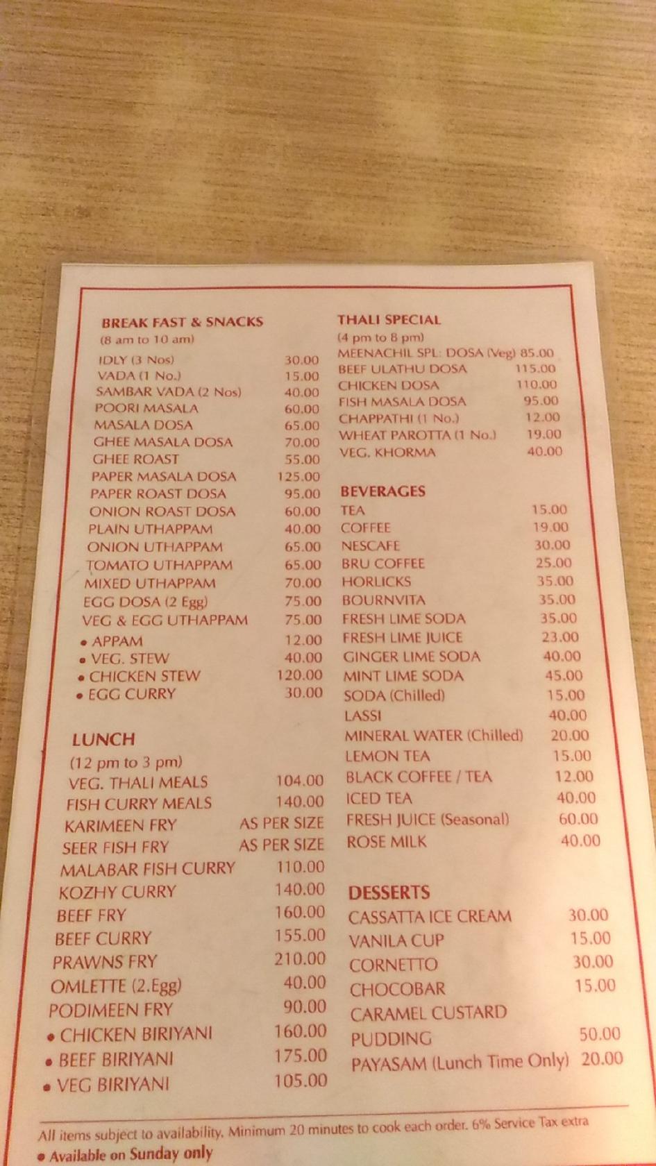 Menu at Thali Restaurant, Kottayam, KK Rd