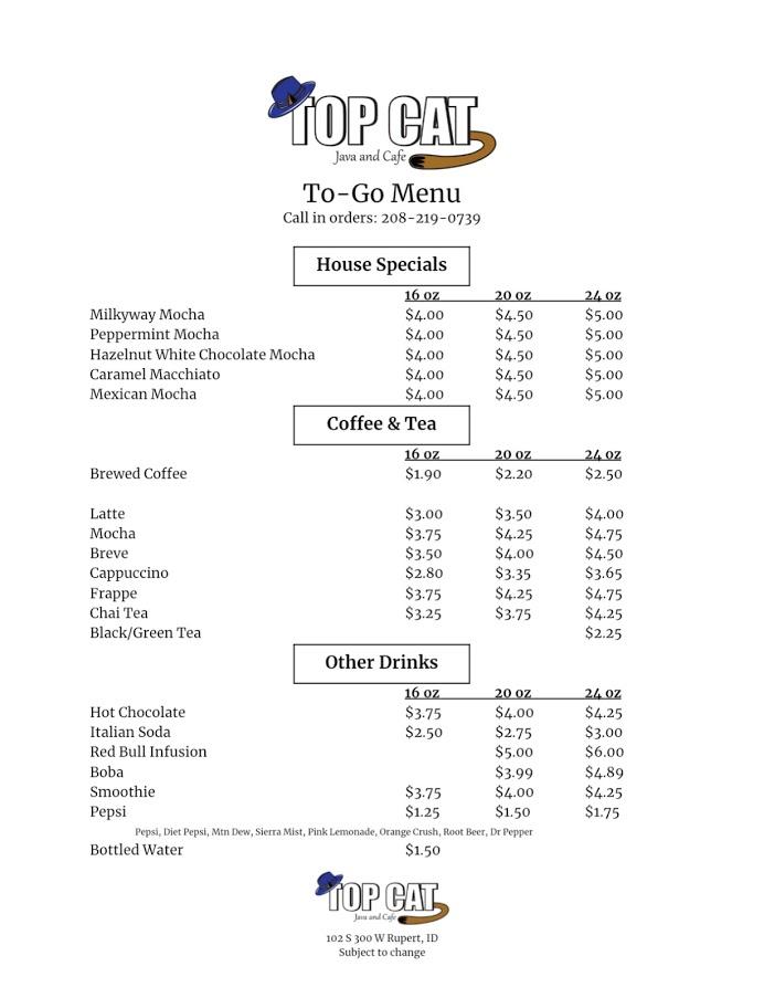 Menu at Top Cat Java and Cafe, Rupert
