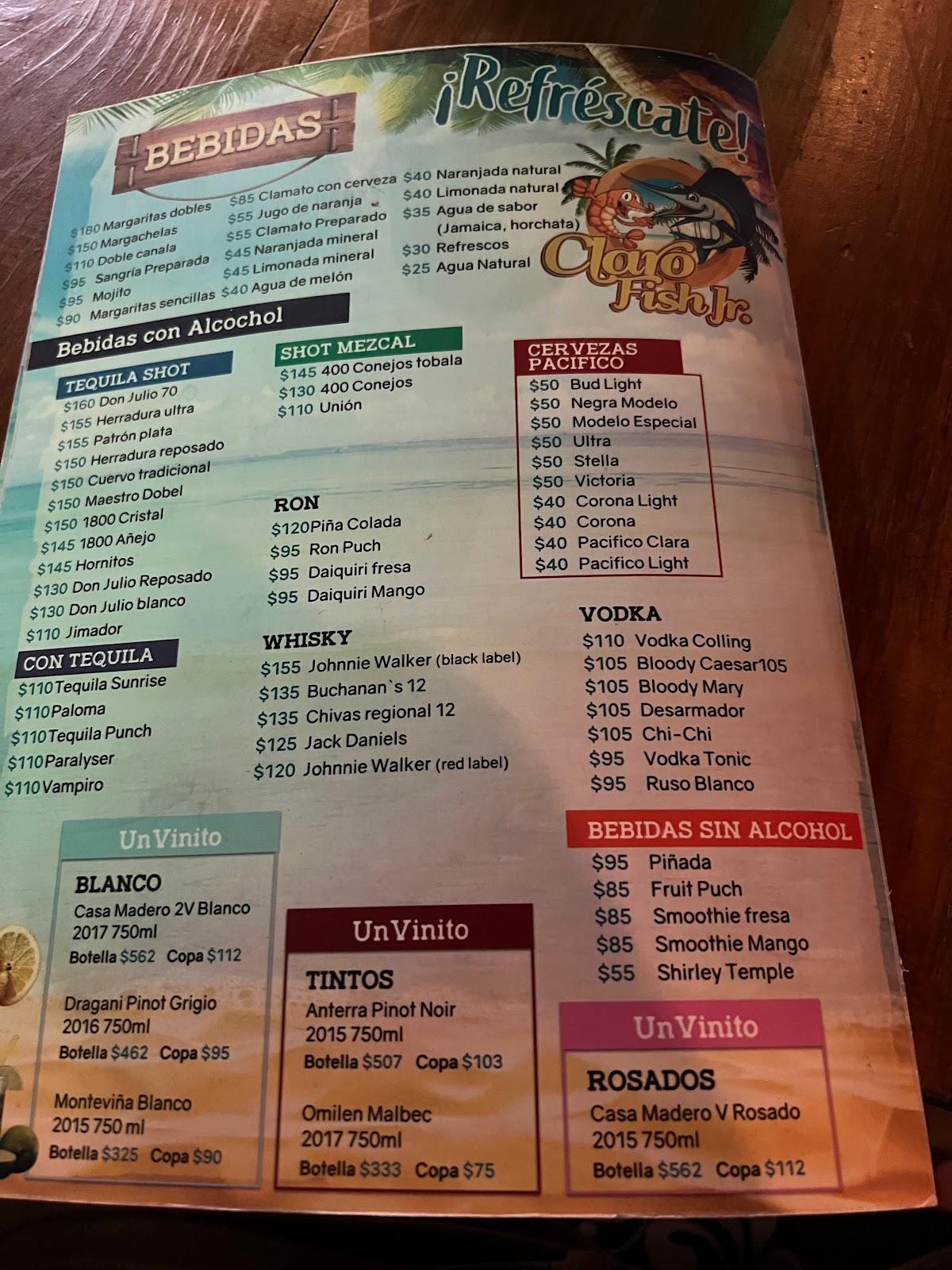 Menu at Claro Fish Jr. restaurant, San José del Cabo, P.º Malecon San Jose