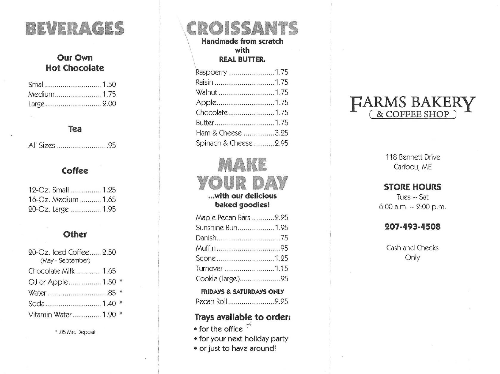 Menu at Farms Bakery, Caribou