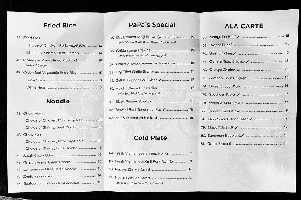 Menu at Papa’s kitchen restaurant, San Francisco