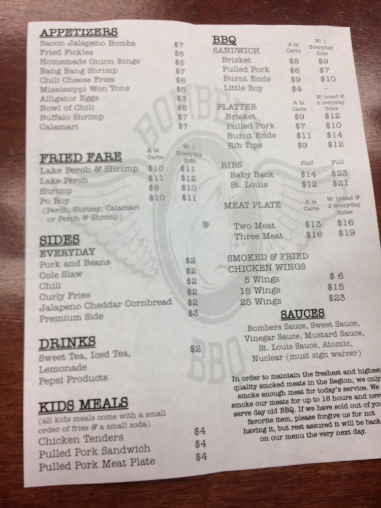 Menu at Bombers BBQ, Munster