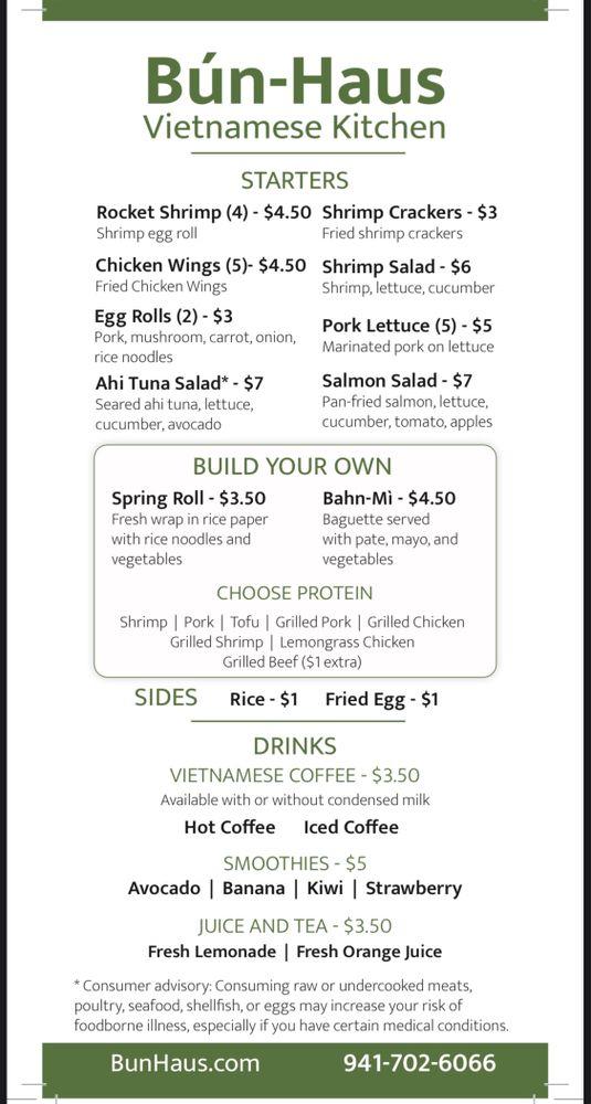 Menu at Bún-Haus Vietnamese Kitchen restaurant, Sarasota