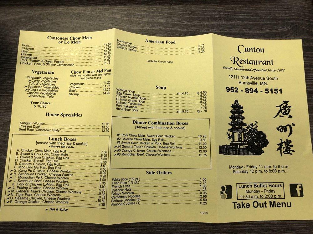 Menu at Canton Restaurant, Burnsville