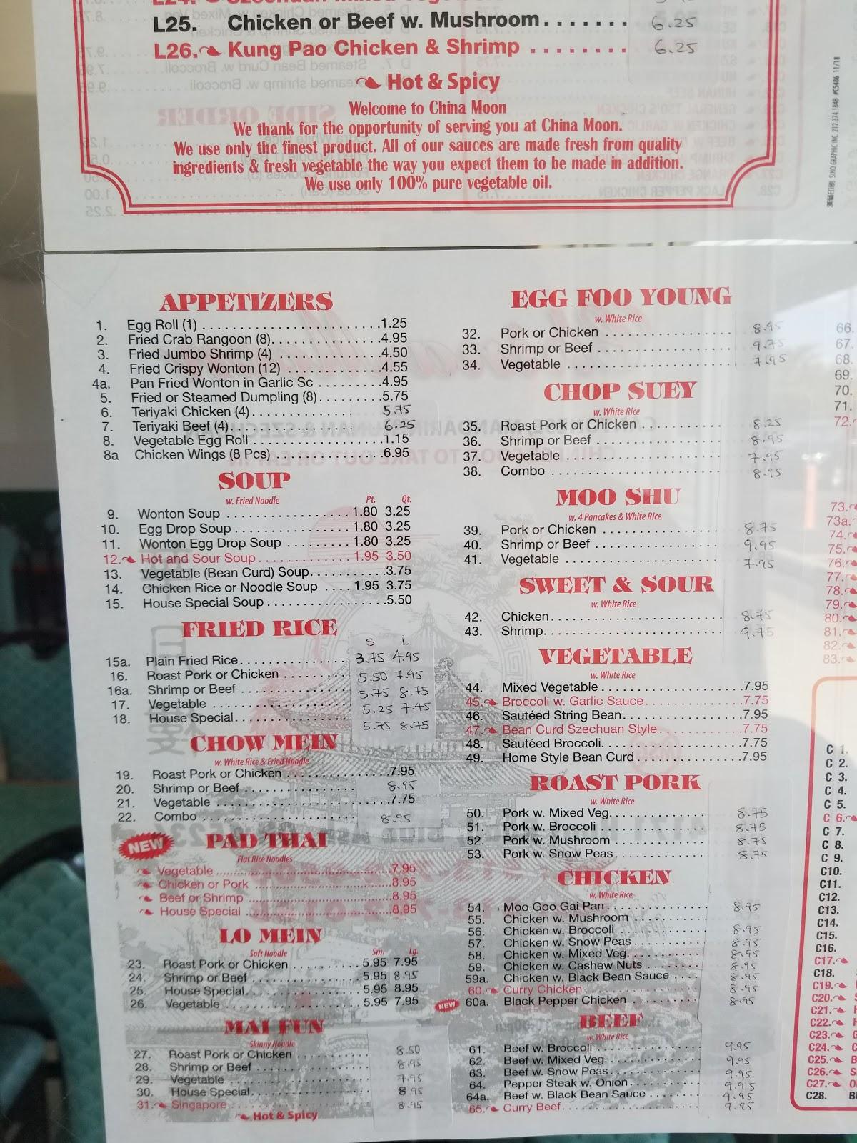 Menu at China Moon restaurant, Blue Ash, Hunt Rd