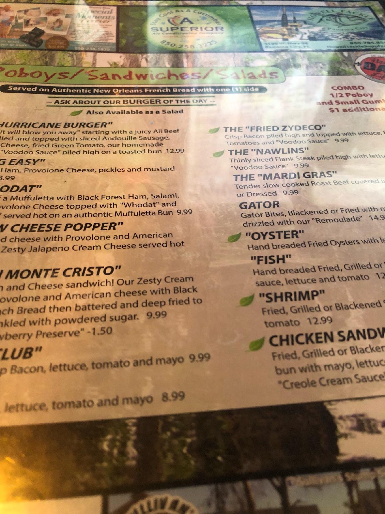 Menu at Dat Cajun Place Cafe, Panama City Beach, 2705 Thomas Dr