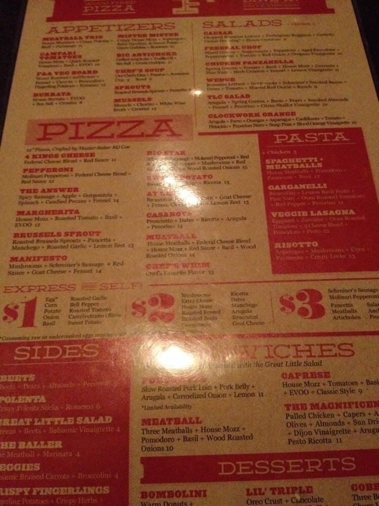 Menu at Federal Pizza pizzeria, Phoenix