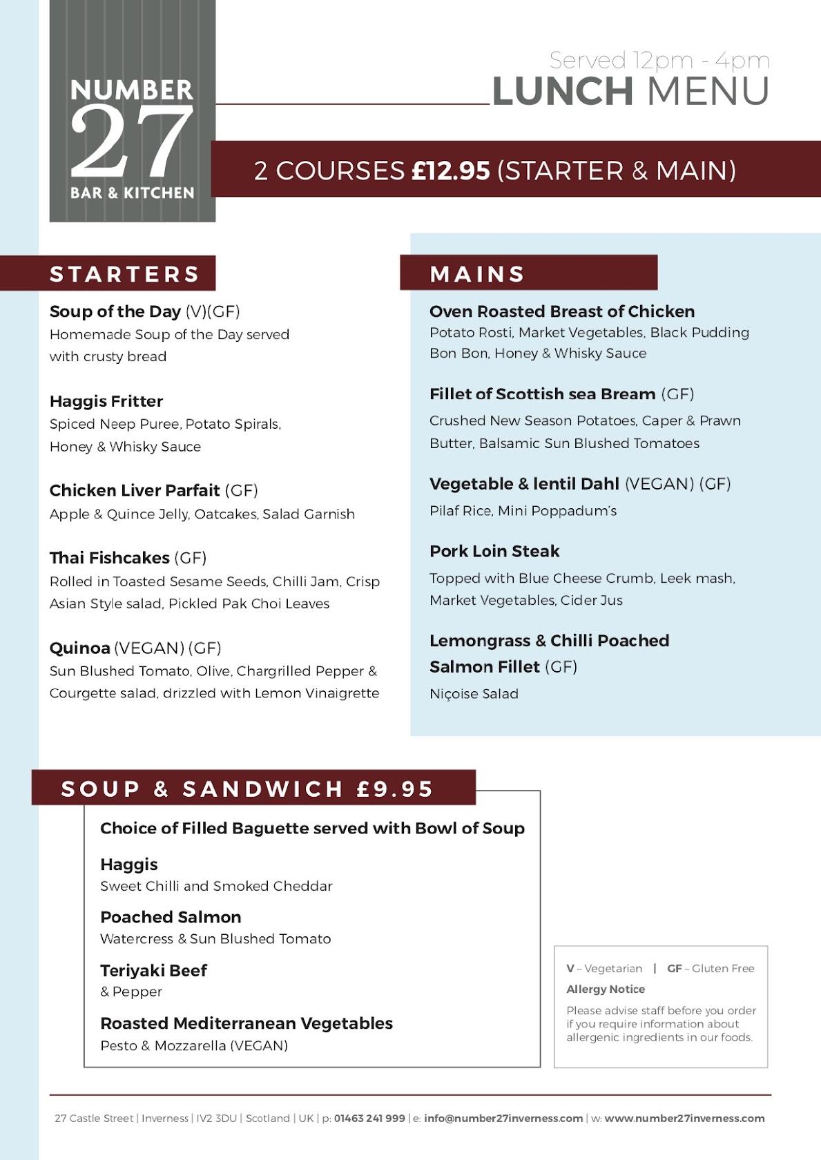 Menu at Number 27 Bar and Kitchen, Inverness
