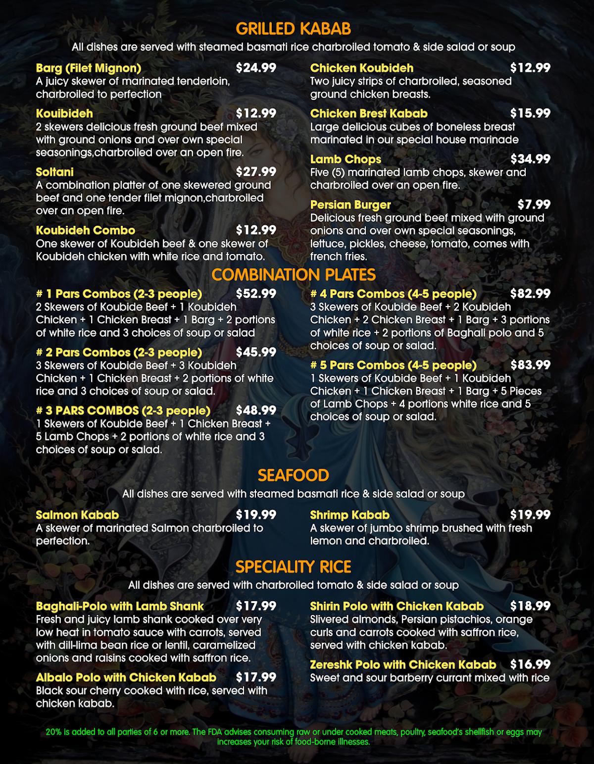 Menu at Pars Restaurant, Farmington Hills