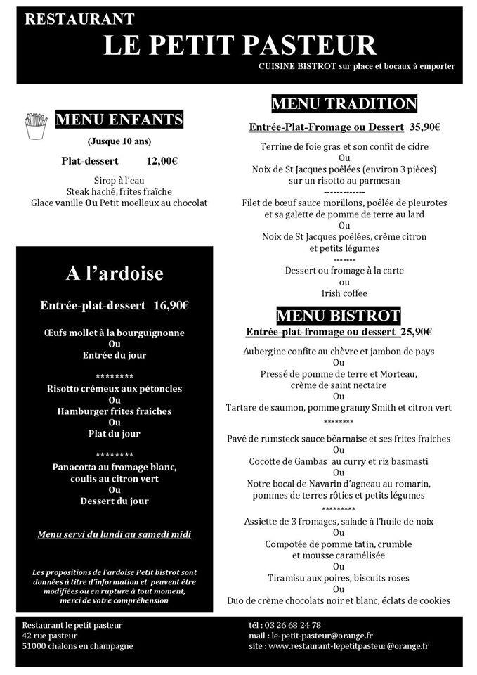 Menu at Restaurant Le Petit Pasteur, Châlons-en-Champagne