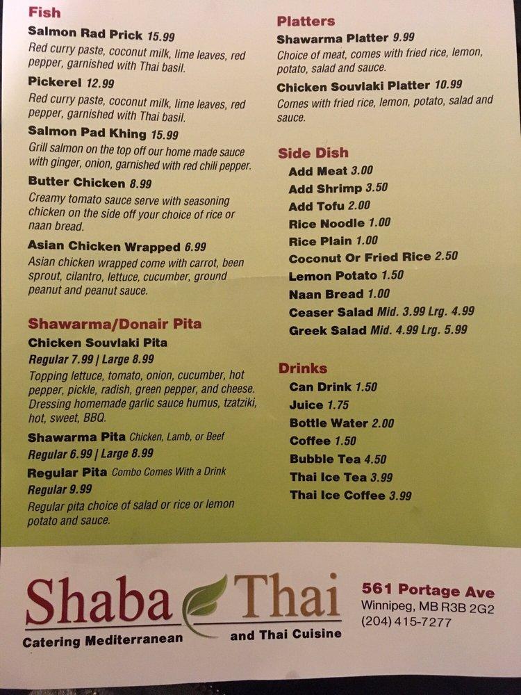 Menu at Shaba Thai Cuisine restaurant, Winnipeg