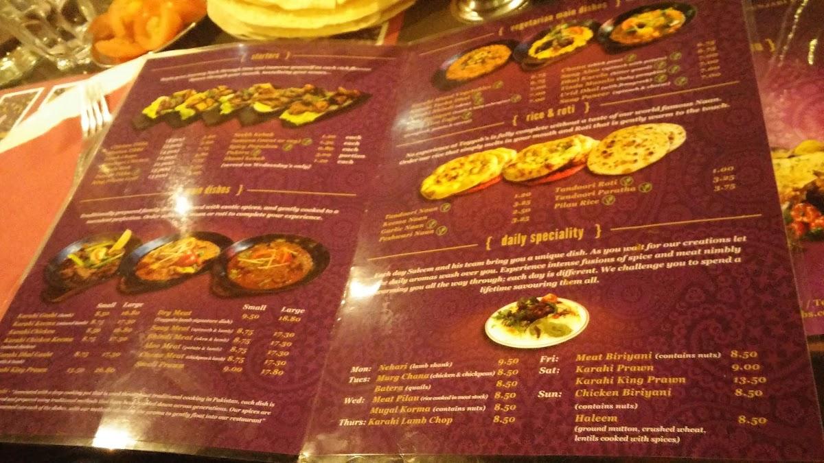Menu at Tayyabs restaurant, London, 83-89 Fieldgate St