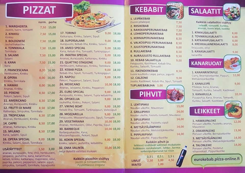 Menu at Euro Kebab restaurant, Imatra