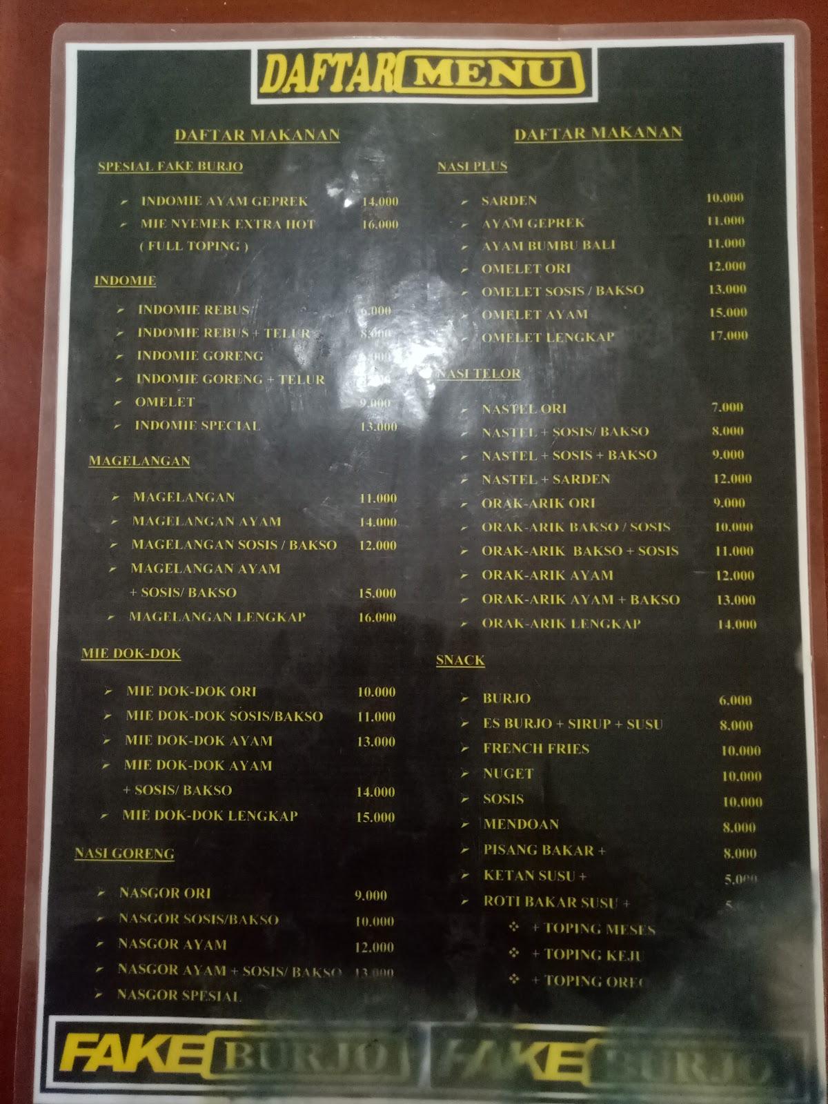 Menu at Burjo KDL 3 restaurant, Semarang