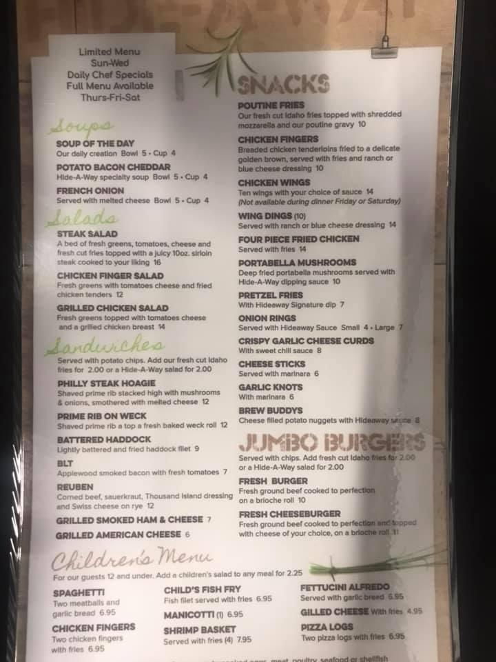 Menu at Hide-A-Way Restaurant, Steamburg, NY-394