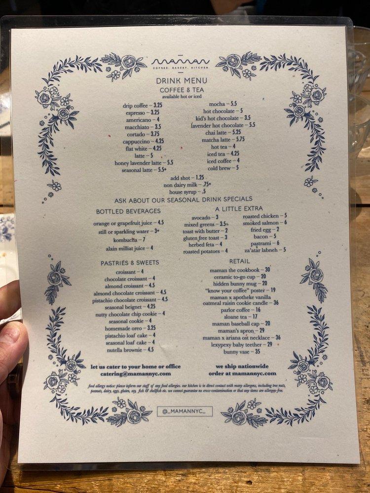 Menu at maman cafe, Jersey City