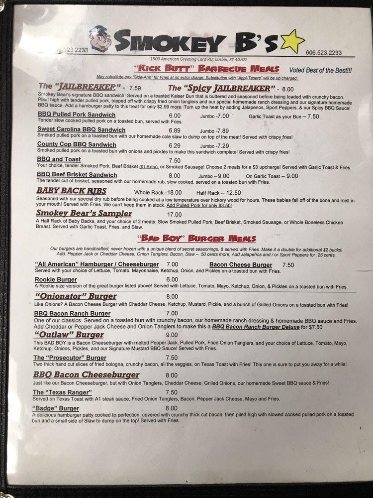 Menu at Smokey Bear's BBQ & Grill, Corbin