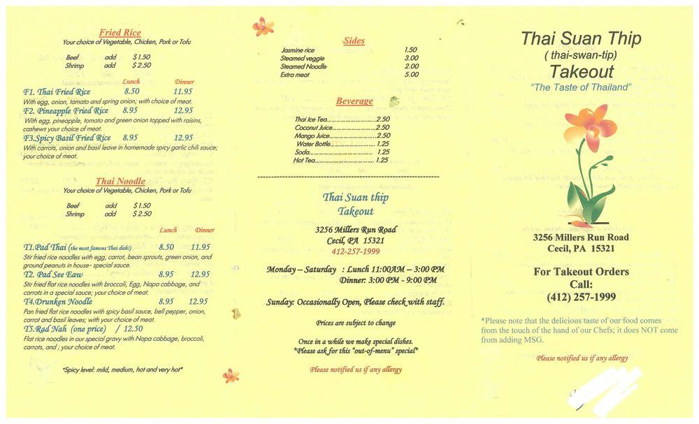 Menu at Thai Suan Thip restaurant, Cecil-Bishop