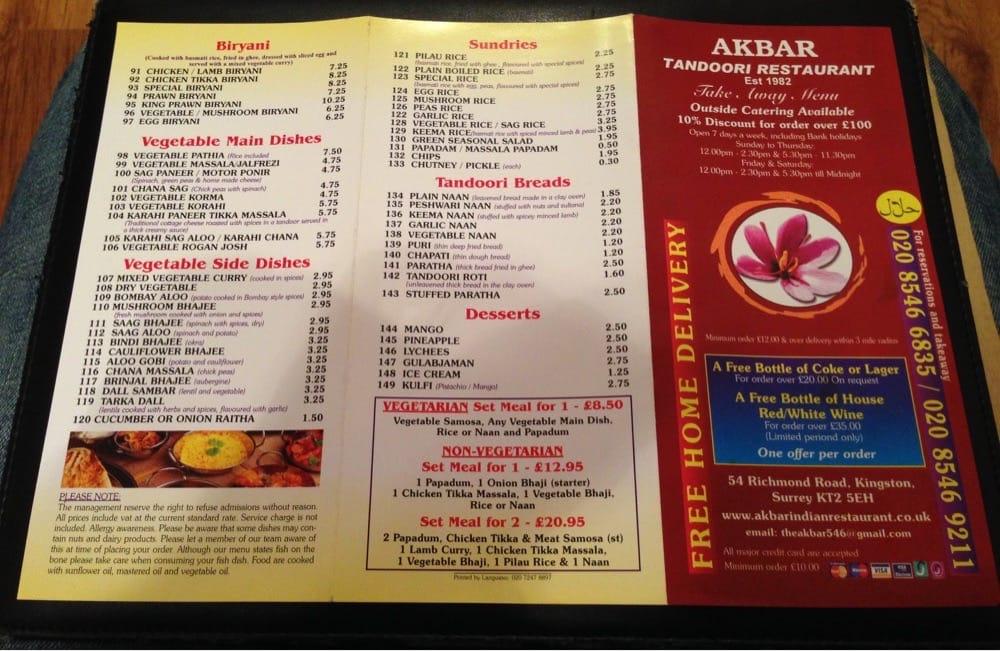 Menu at Akbar Tandoori Restaurant, Kingston upon Thames, 54 Richmond Rd