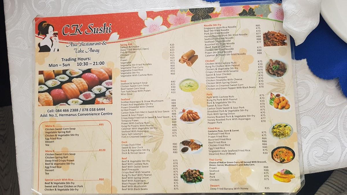 Menu at AK Sushi restaurant, Sandbaai, engen convenience station
