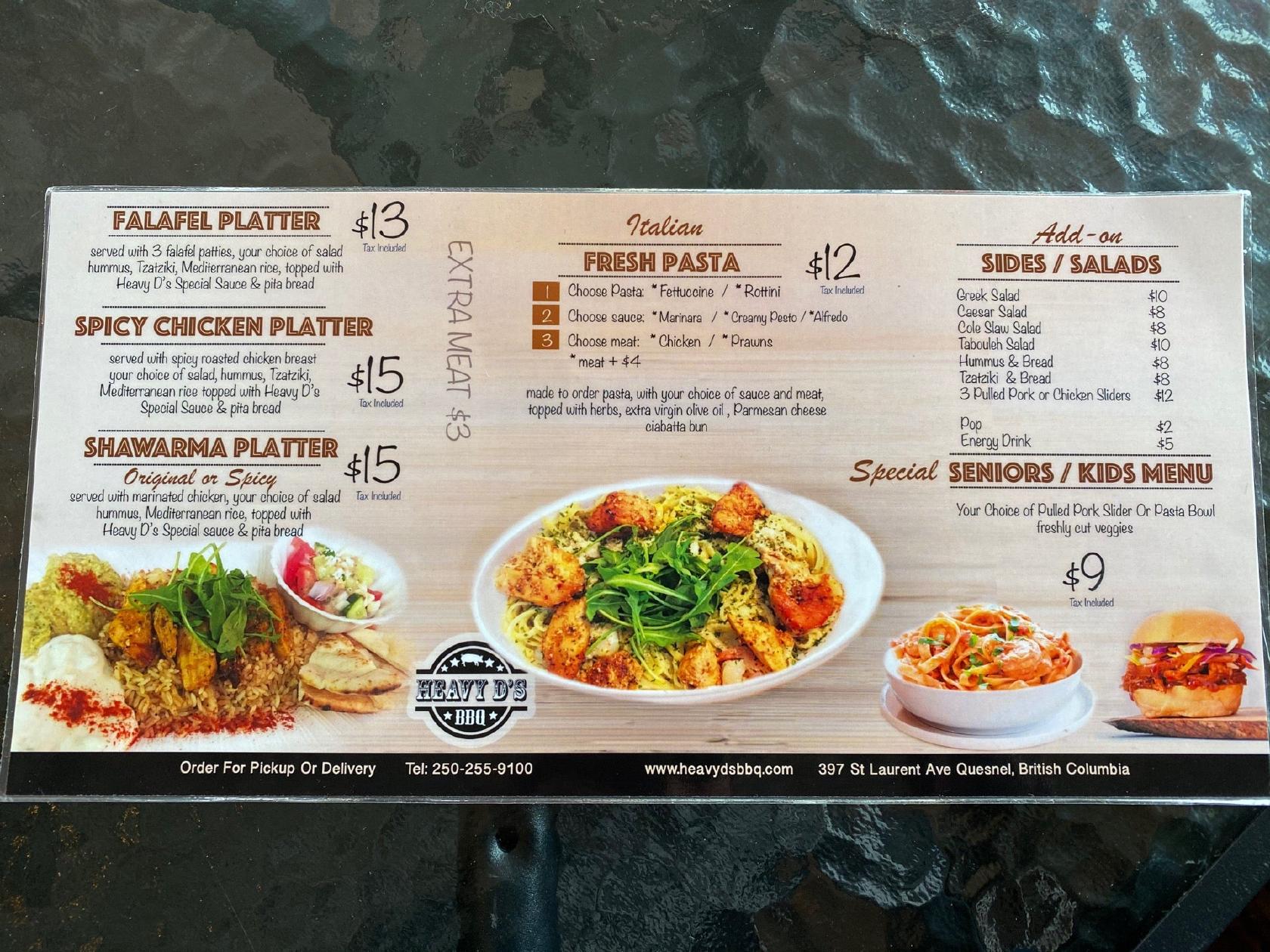Menu at Heavy D’s BBQ, Quesnel