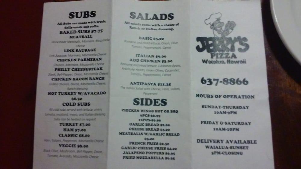 Menu at Jerry's Pizza Mill pizzeria, Waialua