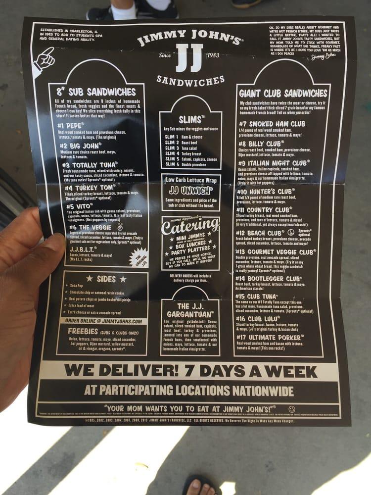 Menu at Jimmy John's fast food, Downey