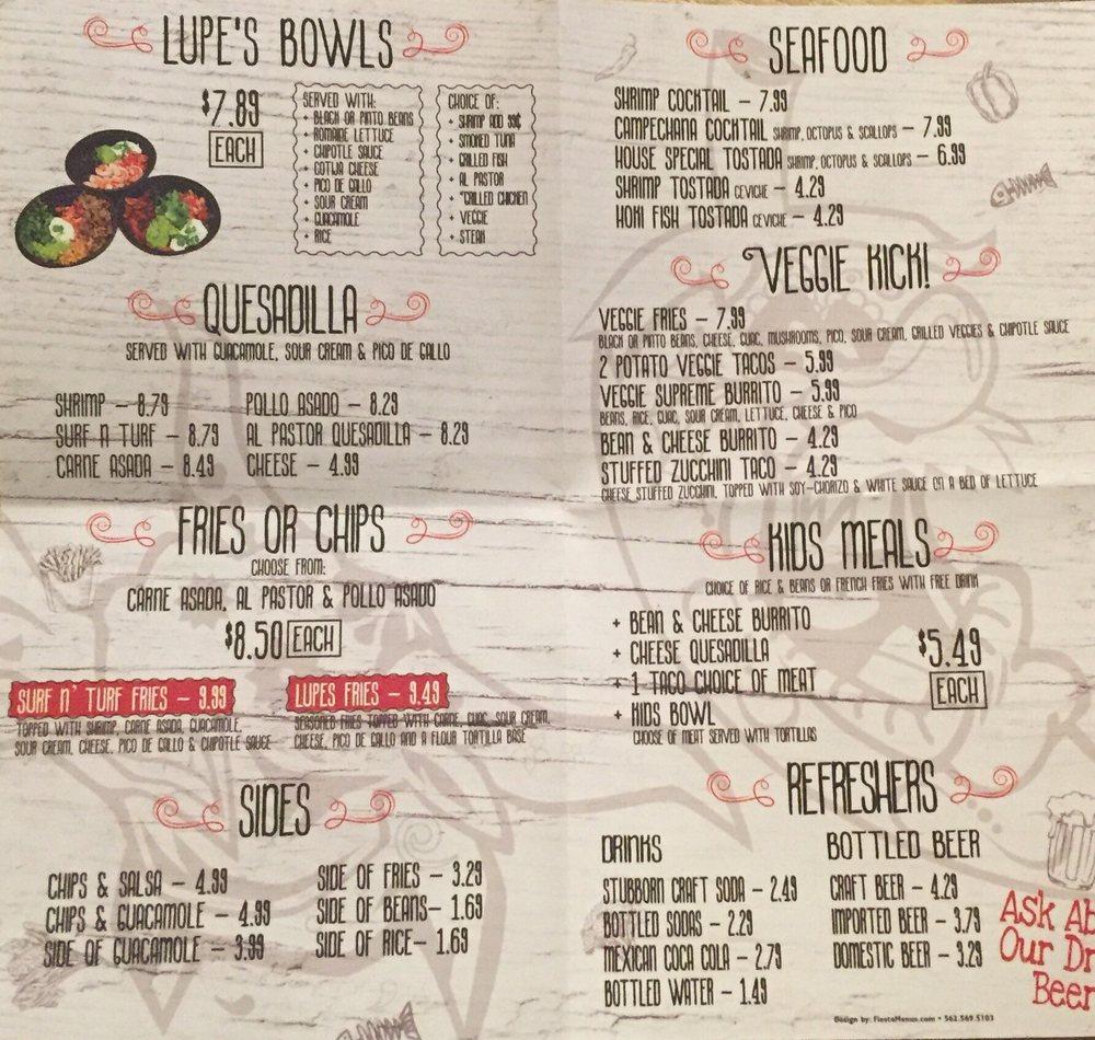 Menu at Lupe’s restaurant, Dana Point, Del Obispo St Suite F
