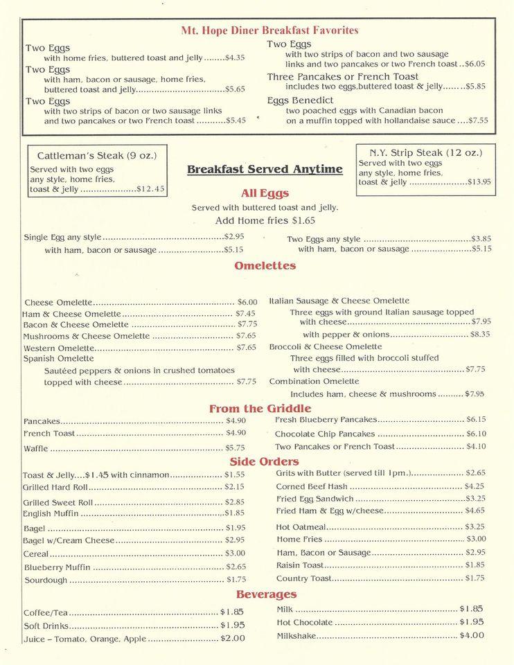 Menu at Mt Hope Family Diner restaurant, Rochester