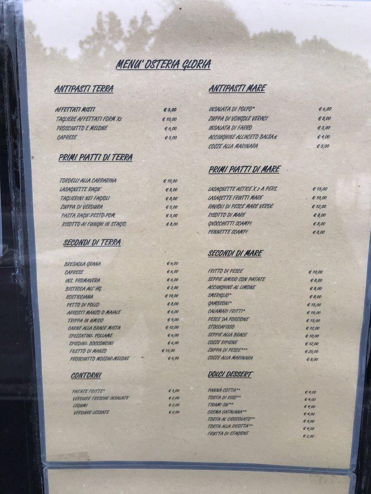 Menu at Osteria Gloria restaurant, Carrara