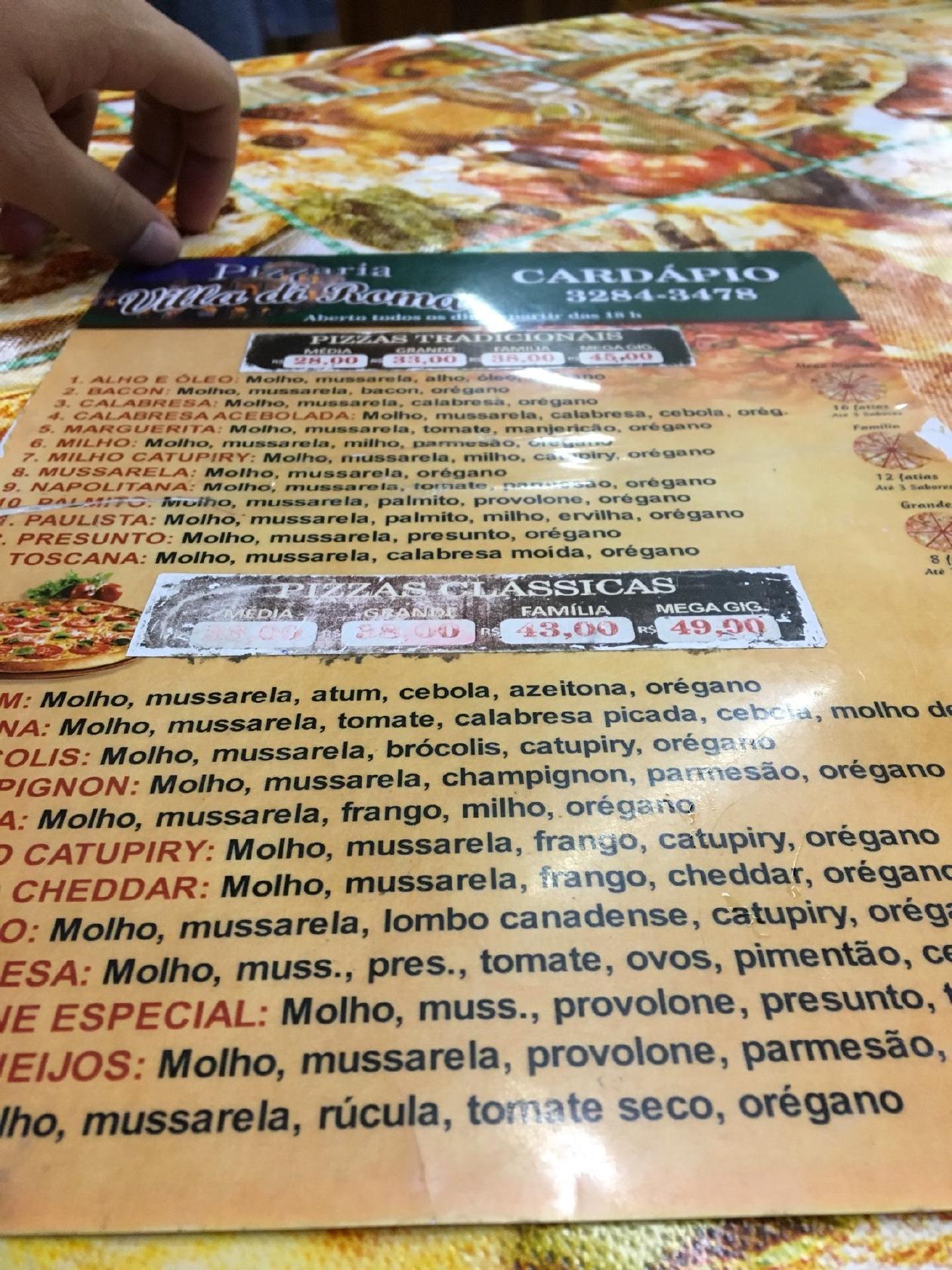 Menu at Villa Di Roma pizzeria, Florianópolis, R. Apóstolo Paschoal