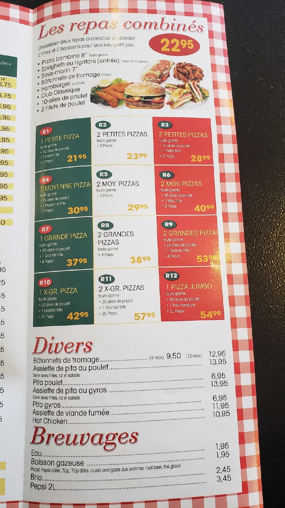 Menu au Raphael Pizzeria, Longueuil, Ch. de Chambly