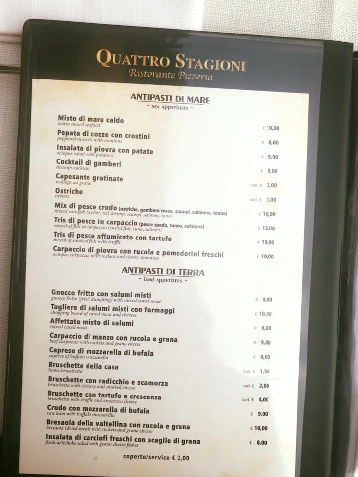 Menu at Quattro Stagioni restaurant, Varese